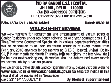 Indira Gandhi E S I Hospital Walk In Interview Ad - Advert Gallery